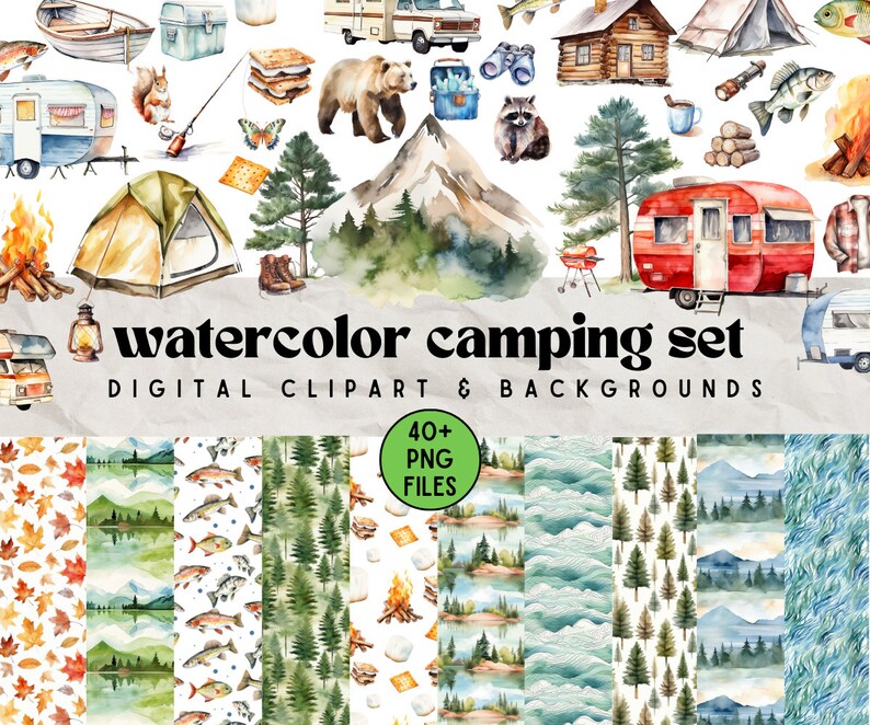 Camping Watercolor Clipart & Seamless Backgrounds Fishing Trip, Tent ...