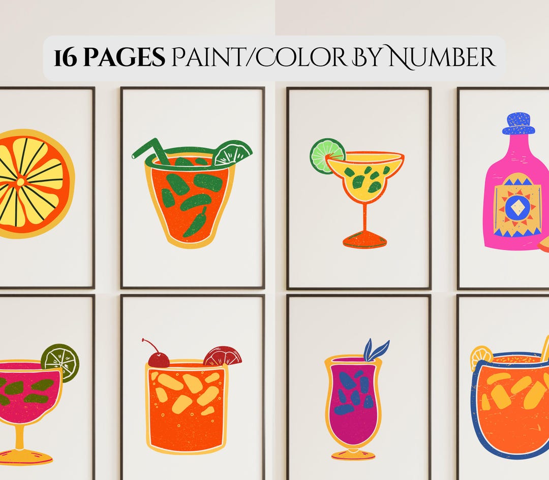 Paint by Numbers Modern Cocktail Wall Art [set of 16] Printable Digital ...