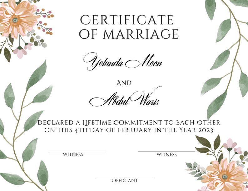 Floral Wedding Ceremony Certificate - Etsy