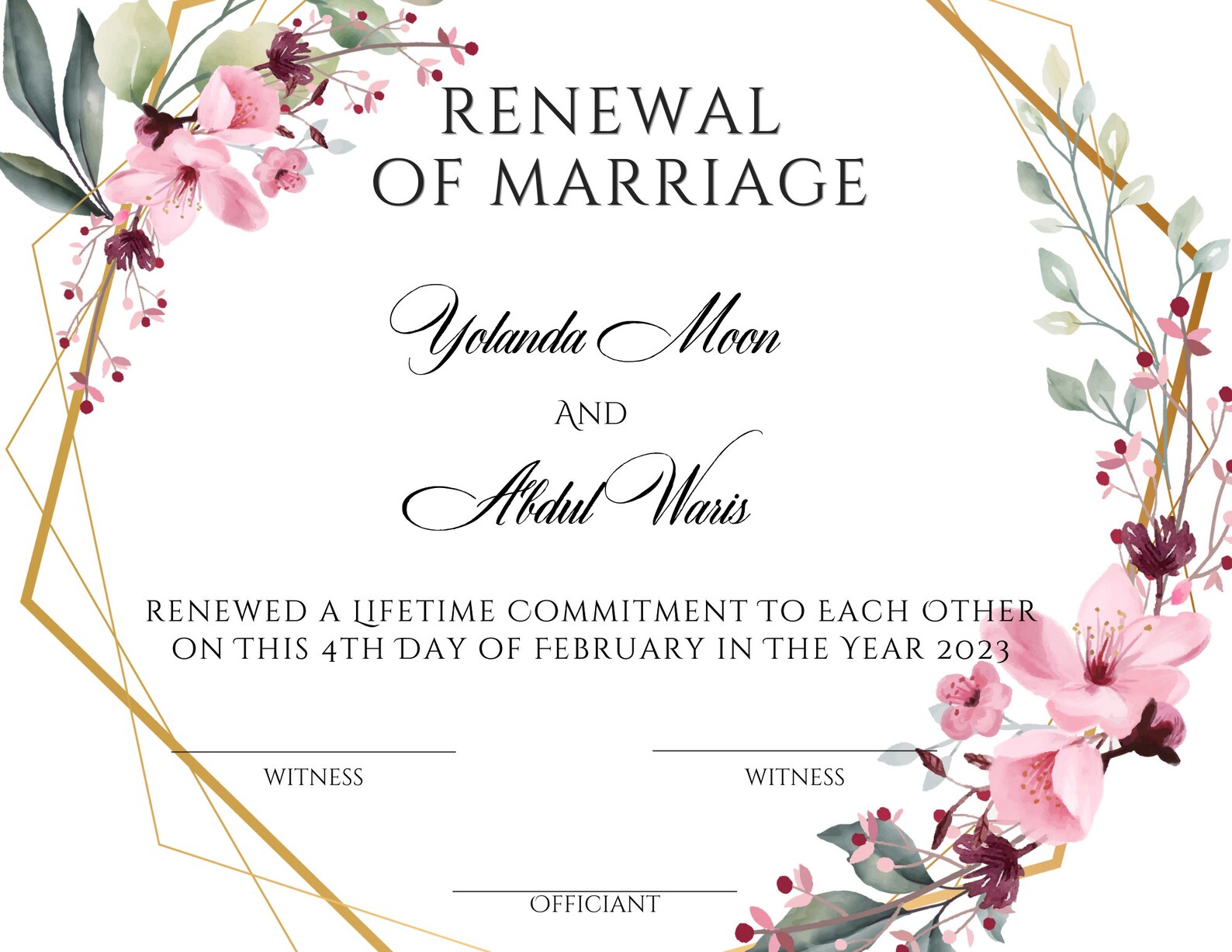 Floral Wedding Ceremony Renewal Marriage Certificate - Etsy