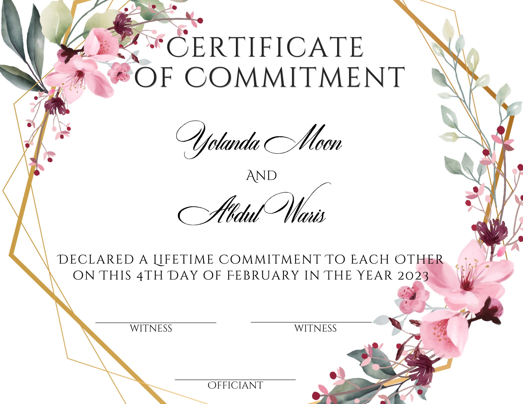 Commitment Wedding Ceremony Certificate Etsy