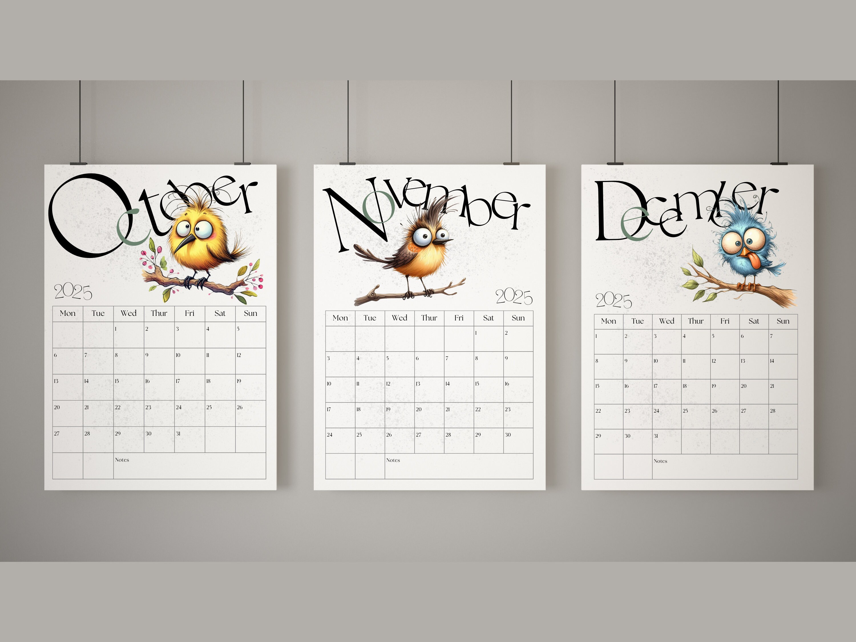 2025 Calendar - Quirky Bird Wall Calendar - Sunday or Monday Start ...