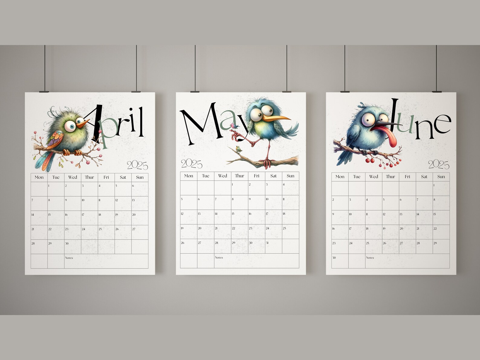 2025 Calendar - Quirky Bird Wall Calendar - Sunday or Monday Start ...