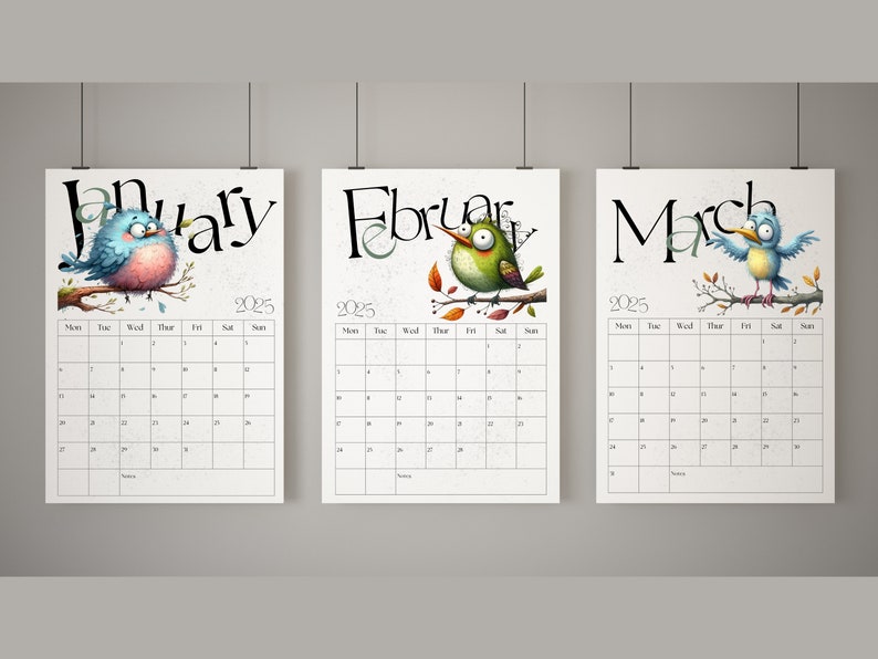 2025 Calendar - Quirky Bird Wall Calendar - Sunday or Monday Start ...