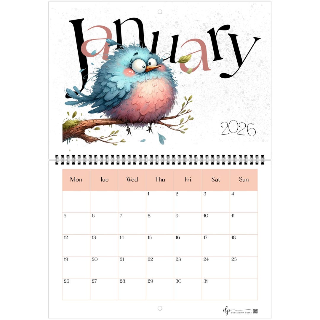 Quirky Funny Birds 2026 Calendar With Big Colorful Grids and a Monday ...