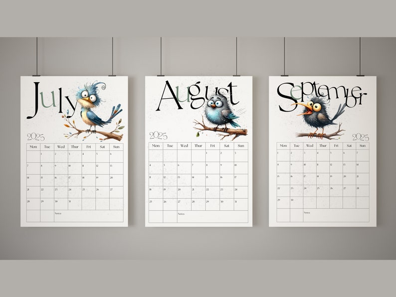 2025 Calendar - Quirky Bird Wall Calendar - Sunday or Monday Start ...