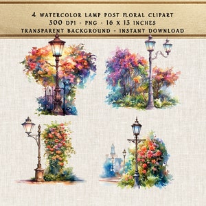 Watercolor Garden Lamp Post Clipart Wedding Vintage Lamp Post Clipart ...