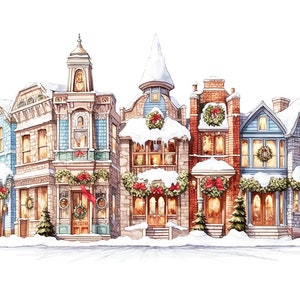 Watercolor Holiday Village Clipart, Christmas Town Snow Scene, Winter ...