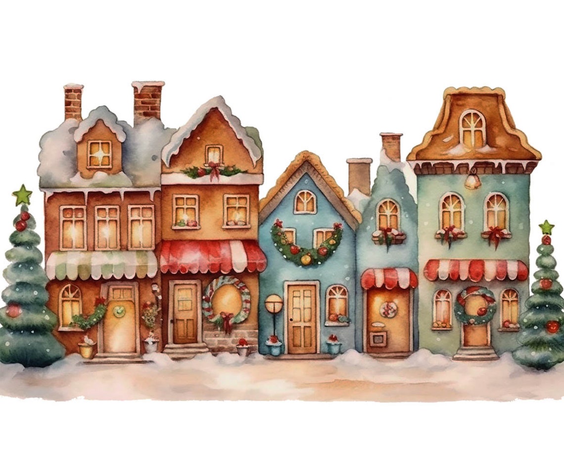 Watercolor Gingerbread Holiday Village - Festive Christmas Scene PNG ...
