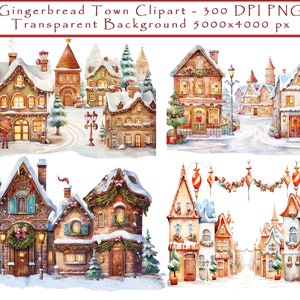 Watercolor Festive Gingerbread Village Scene Clipart PNG for Holiday ...