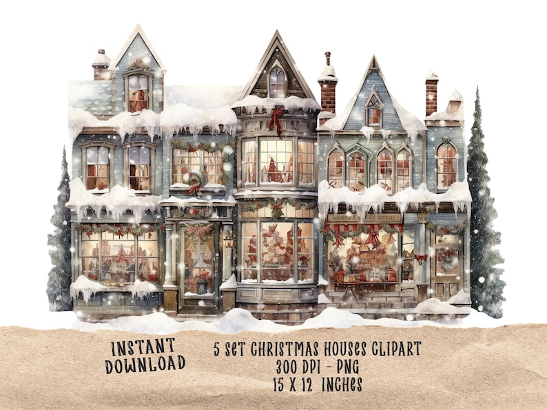 Watercolor Holiday Village PNG, Christmas Town Snow Scene, Winter ...