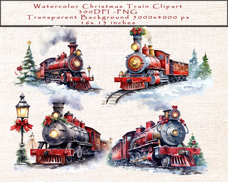 Festive Polar Express Watercolor Train Clipart: Holiday Craft & Decor ...