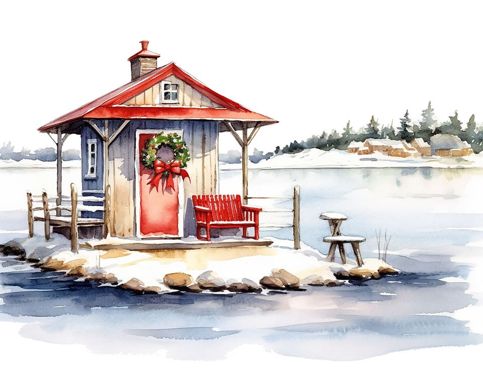 Watercolor Lake House Clipart Christmas Lake Cottage Clipart, Winter ...