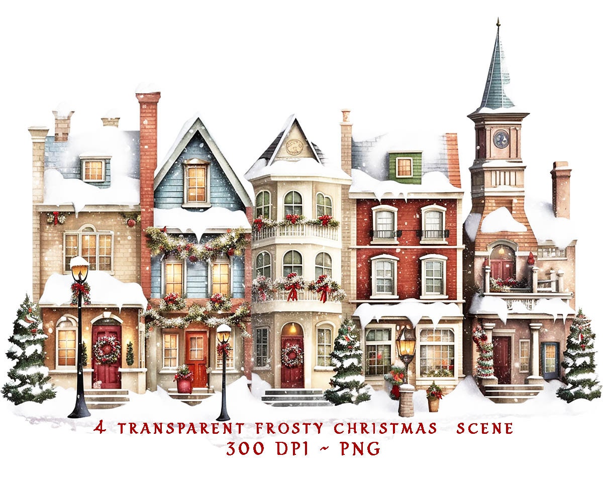 Christmas Town PNG, Watercolor Christmas Village Clipart, Holiday ...