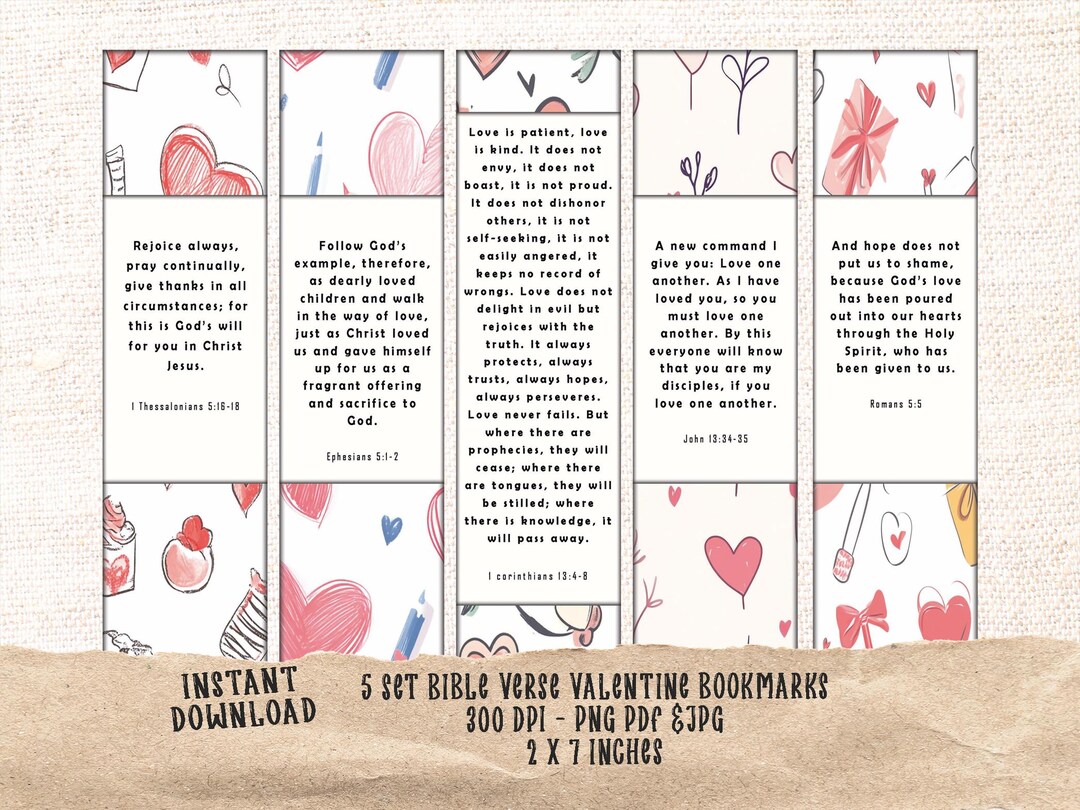Printable Valentine Bookmarks With Bible Verses, Hearts Illustrations ...