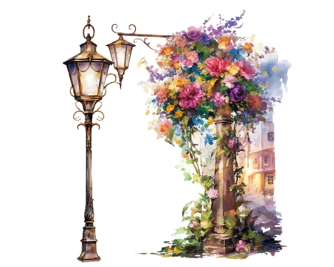 Romantic Floral Watercolor Lamp Post Clipart for Wedding and Victorian ...