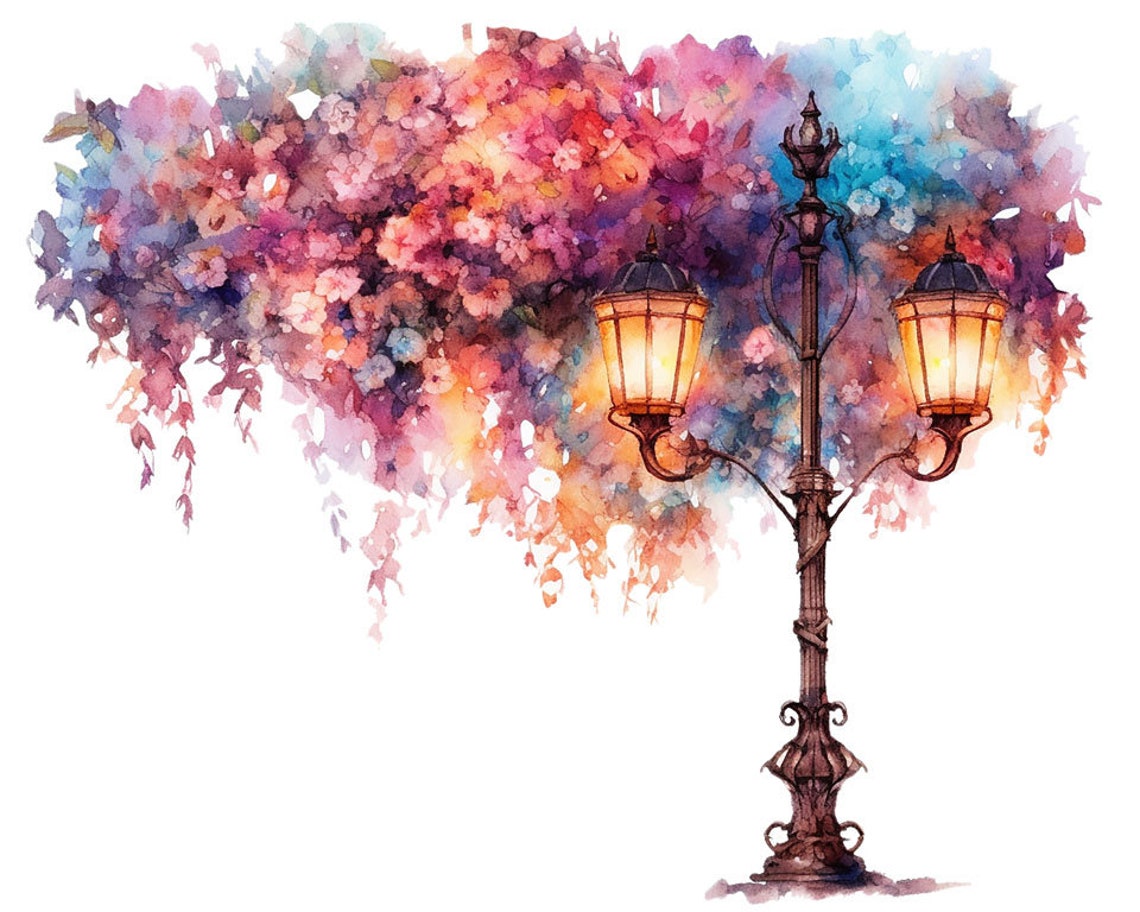 Romantic Floral Watercolor Lamp Post Clipart for Wedding and Victorian ...