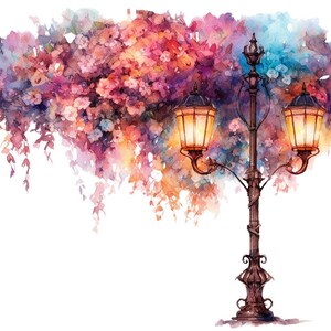 Romantic Floral Watercolor Lamp Post Clipart for Wedding and Victorian ...