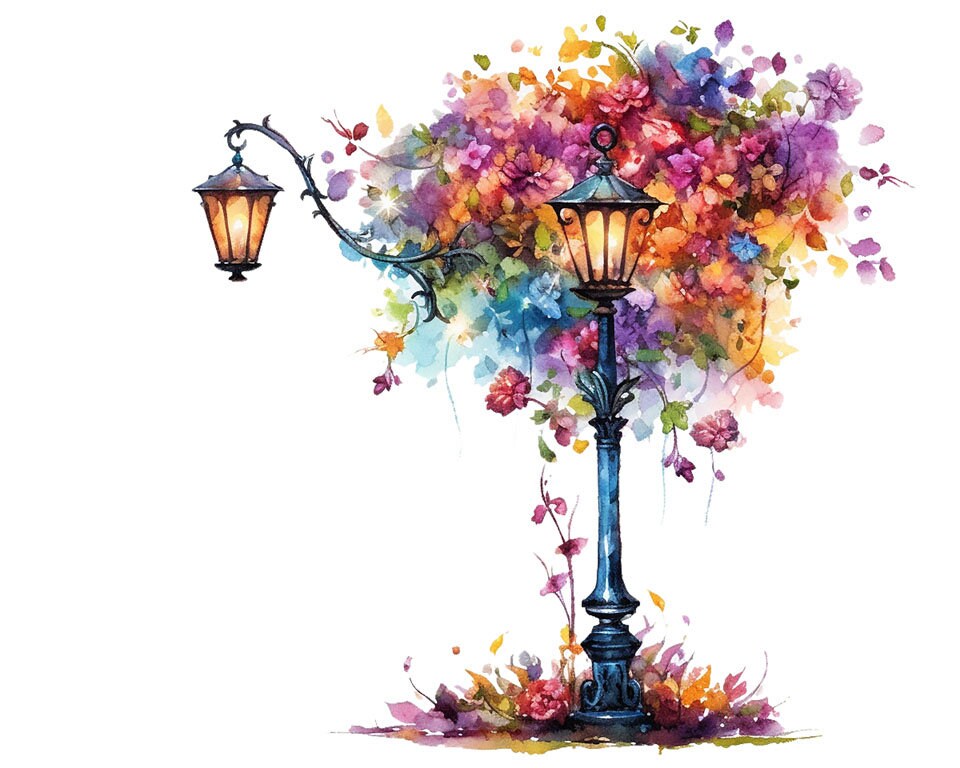Romantic Floral Watercolor Lamp Post Clipart for Wedding and Victorian ...