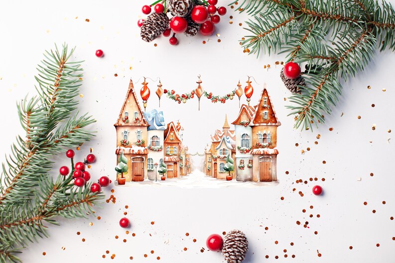 Watercolor Festive Gingerbread Village Scene Clipart PNG for Holiday ...