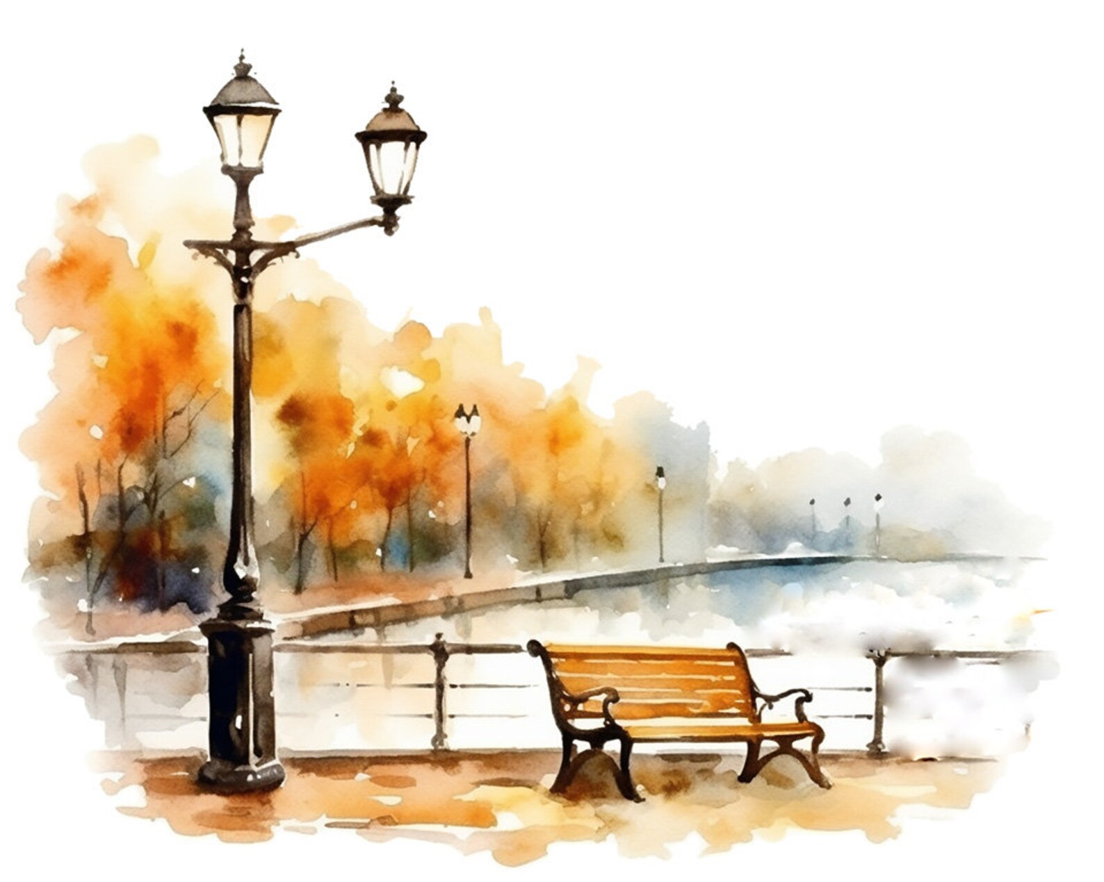 Vintage Watercolor Victorian Lamp Post With Bench Clipart - Fall Scene ...