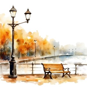 Vintage Watercolor Victorian Lamp Post With Bench Clipart - Fall Scene ...