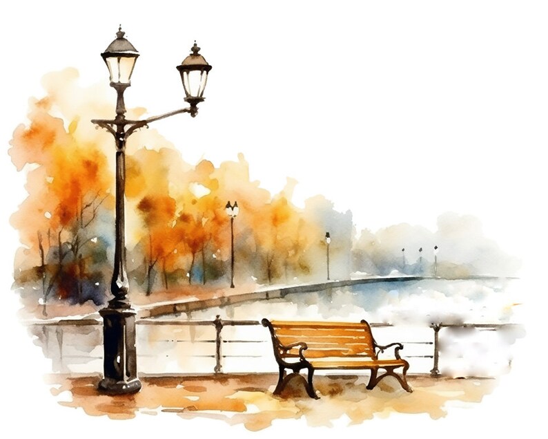 Vintage Watercolor Victorian Lamp Post With Bench Clipart - Fall Scene ...