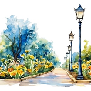 Watercolor Walking Path Lamp Post Clipart Forest Path With Flowers ...