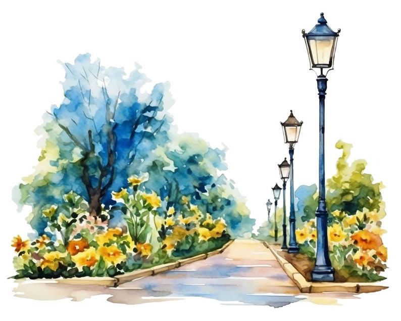 Watercolor Walking Path Lamp Post Clipart Forest Path With Flowers ...