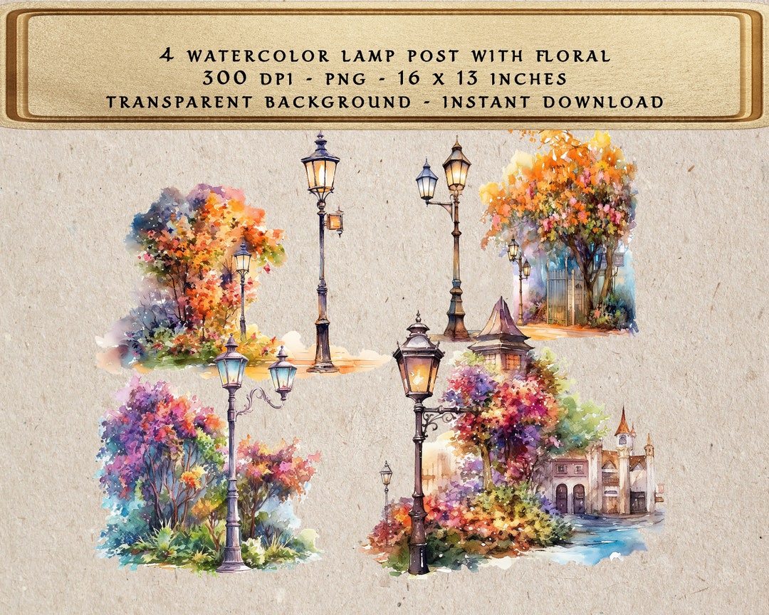 Charming Street Lamp Post Watercolor Clipart for Spring Weddings ...