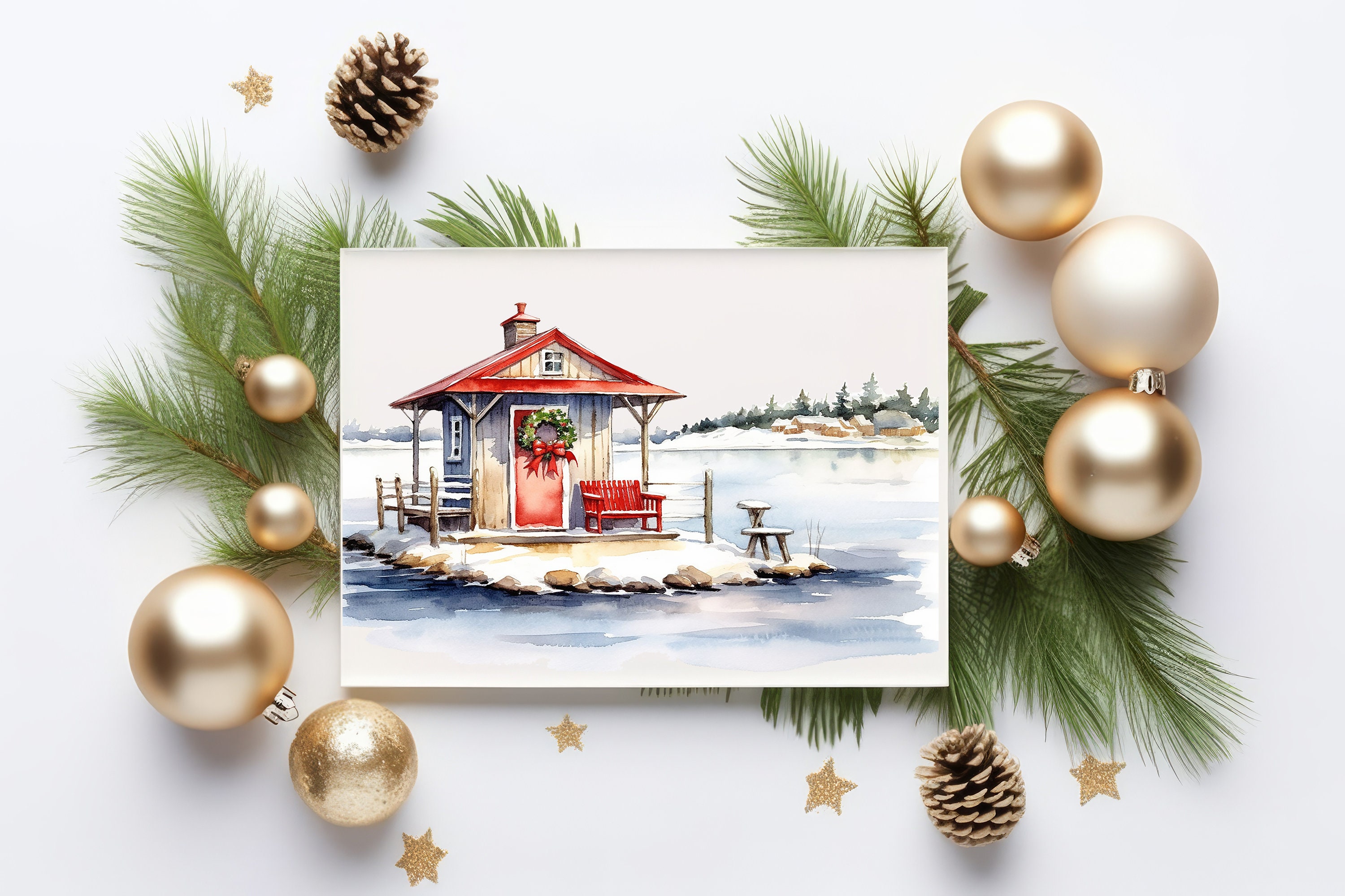 Watercolor Lake House Clipart Christmas Lake Cottage Clipart, Winter ...