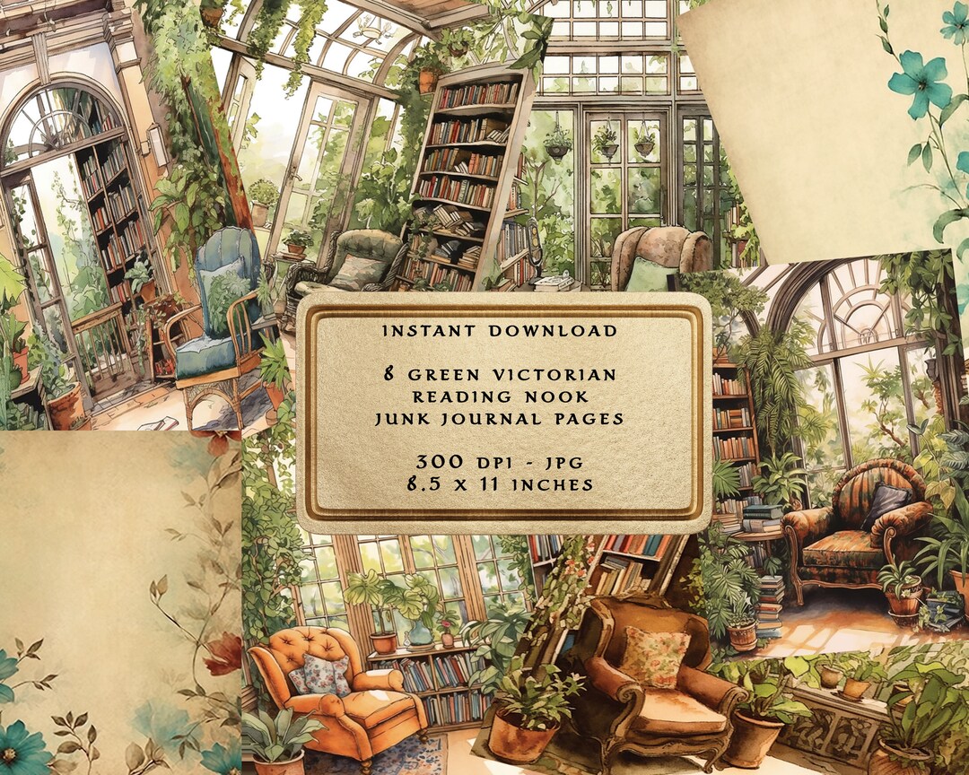 Cozy Victorian Reading Nook, Printable Green Conservatory Book Ephemera ...