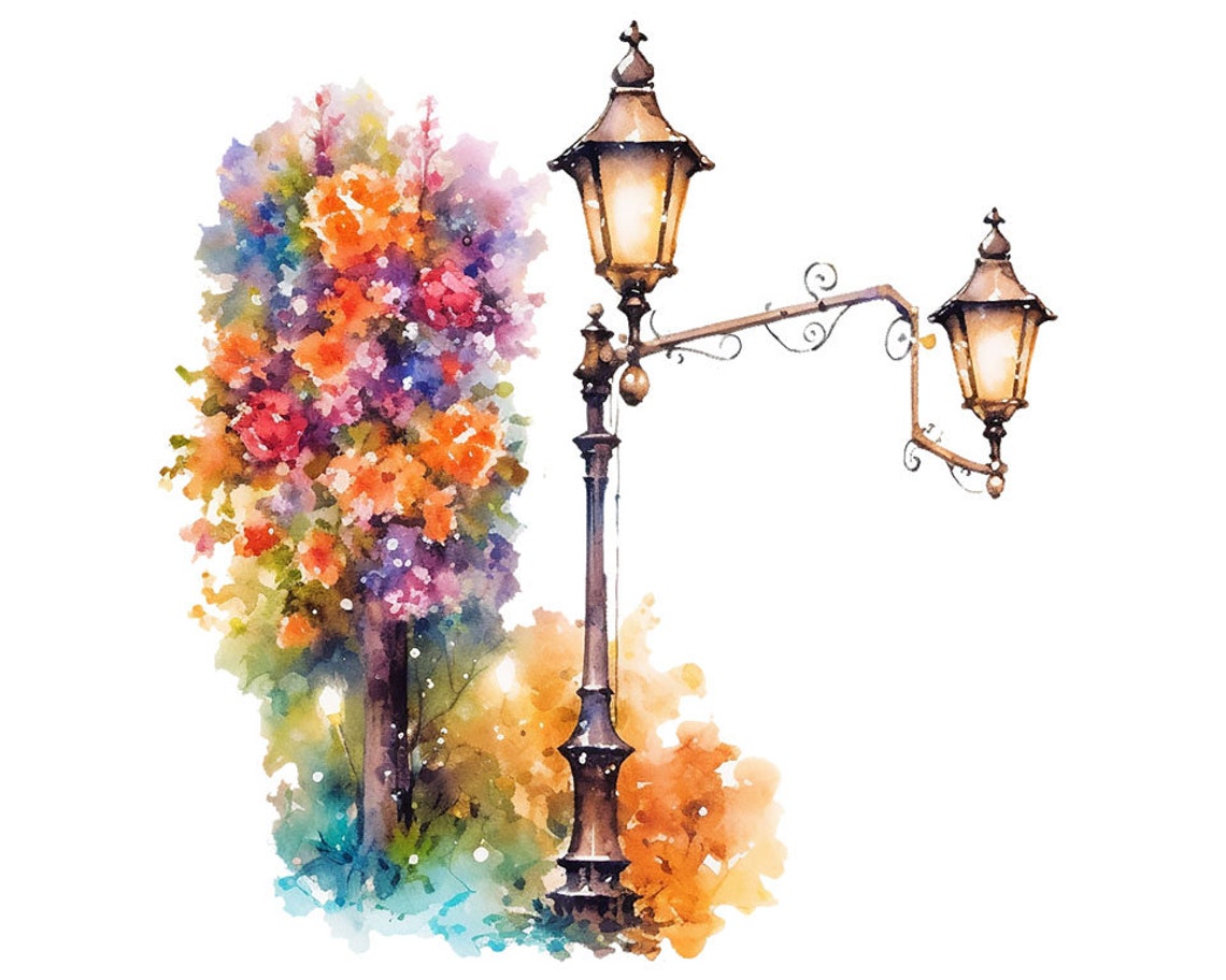 Romantic Floral Watercolor Lamp Post Clipart for Wedding and Victorian ...