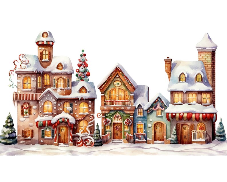 Watercolor Gingerbread Holiday Village - Festive Christmas Scene PNG ...