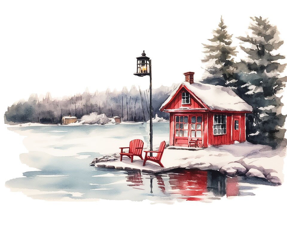 Watercolor Lake House Clipart Christmas Lake Cottage Clipart, Winter ...
