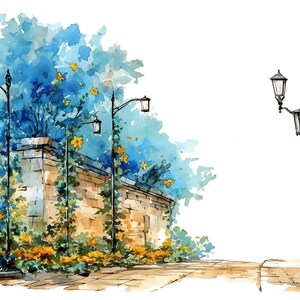 Watercolor Walking Path Lamp Post Clipart Forest Path With Flowers ...