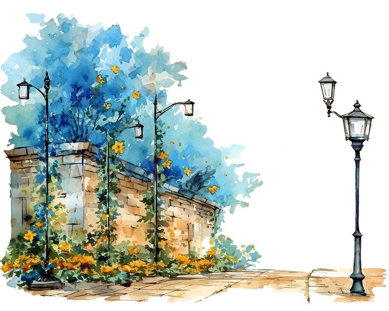 Watercolor Walking Path Lamp Post Clipart Forest Path With Flowers ...