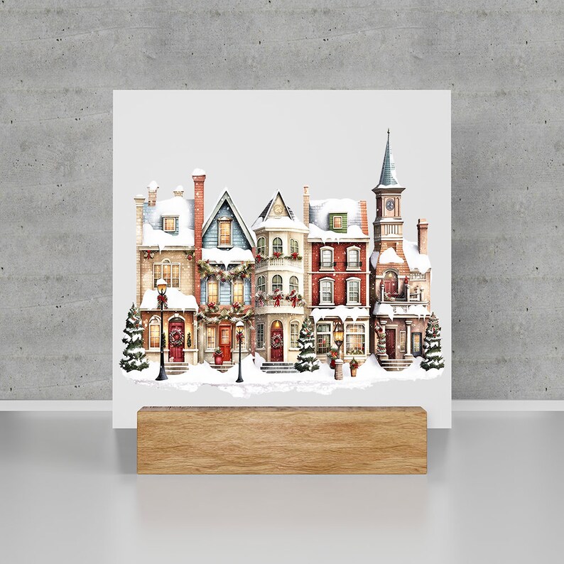 Watercolor Holiday Village Clipart, Christmas Town Snow Scene, Winter ...