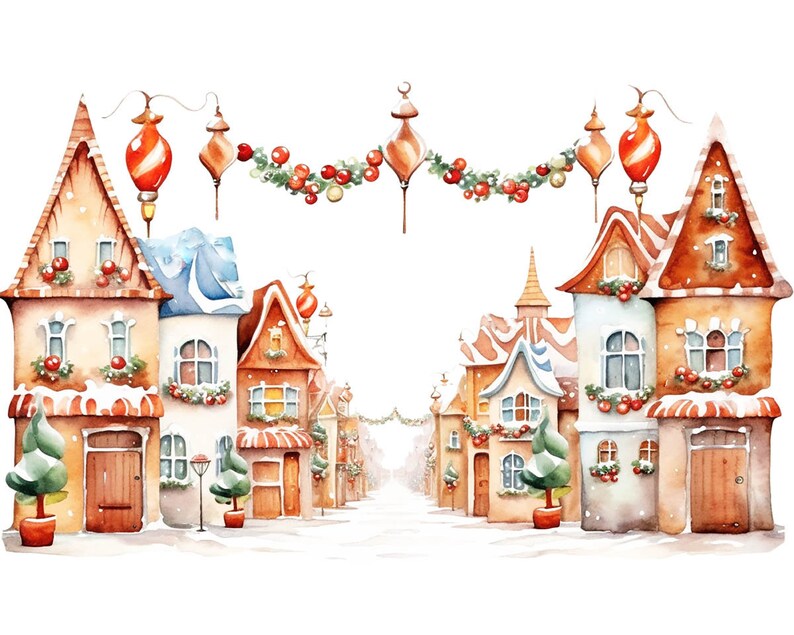 Watercolor Festive Gingerbread Village Scene Clipart PNG for Holiday ...