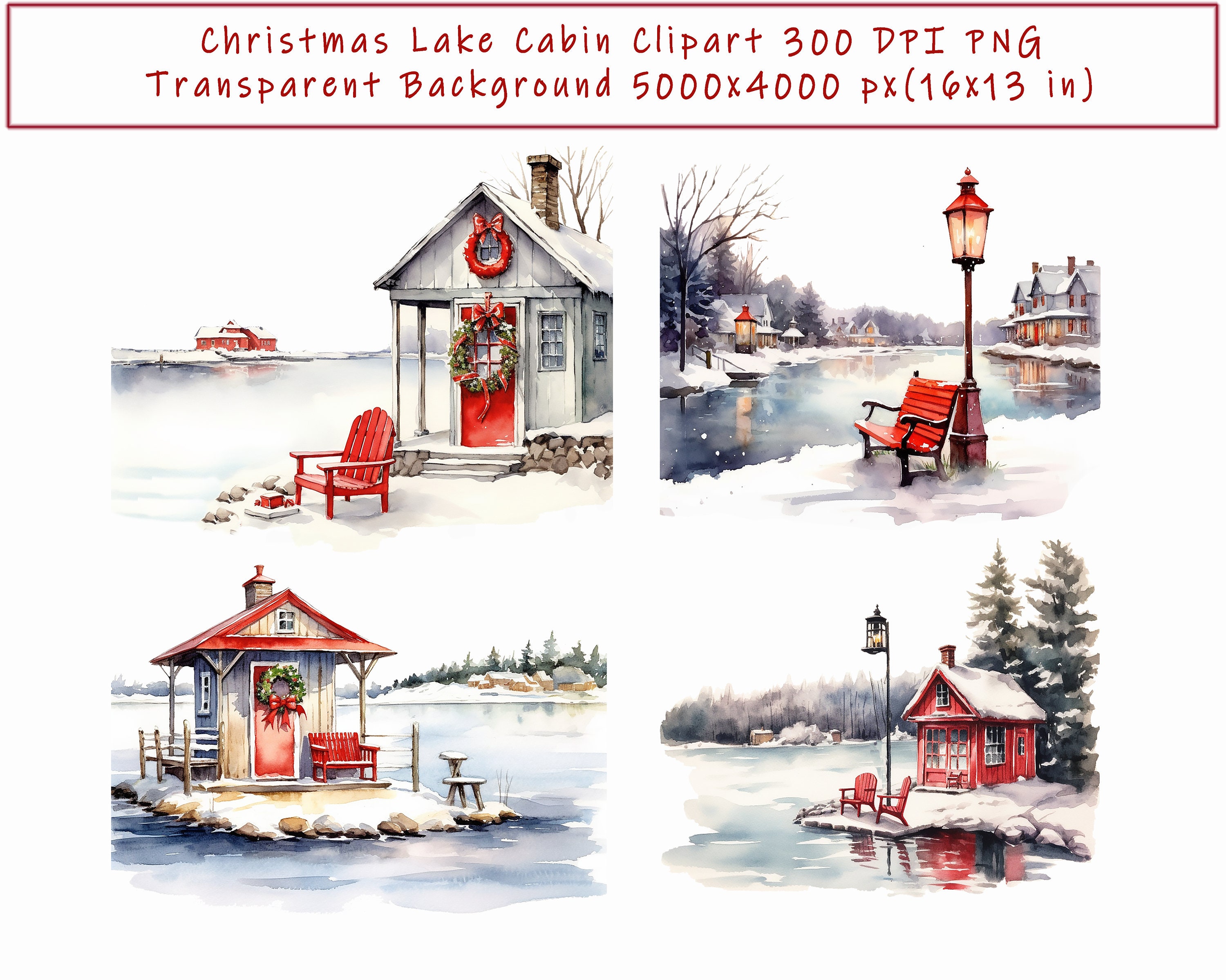 Watercolor Lake House Clipart Christmas Lake Cottage Clipart, Winter ...