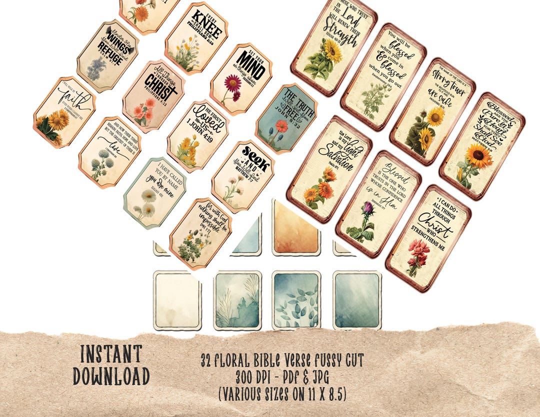 Vintage Scripture Ephemera Kit: Floral Labels & Inspirational Tags for ...