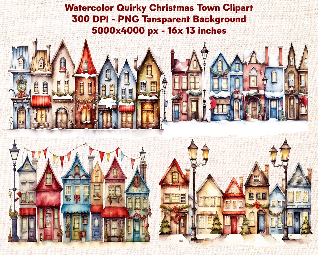 Festive Winter Village Snow Scene Clipart: Quirky Christmas ...
