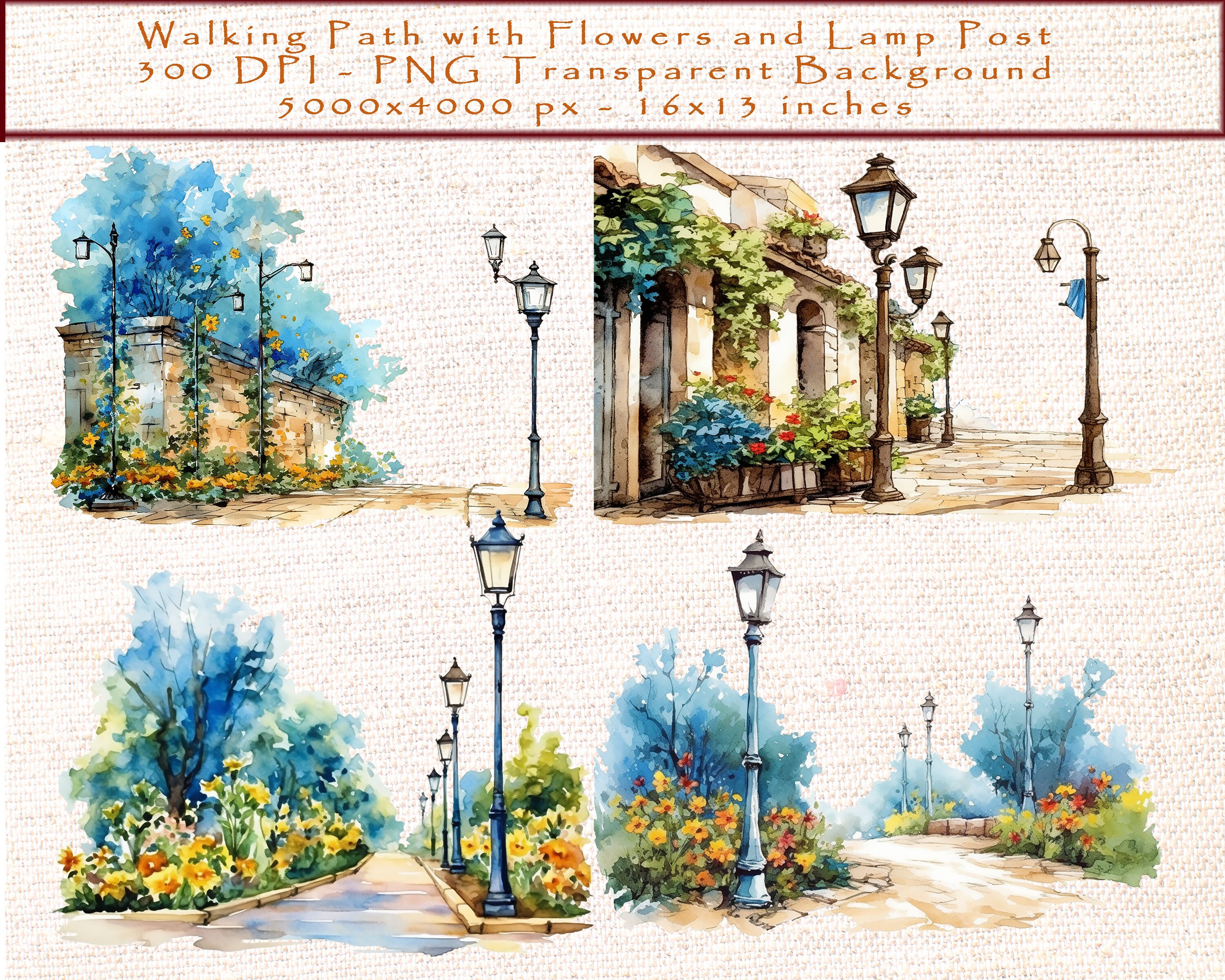 Watercolor Walking Path Lamp Post Clipart Forest Path With Flowers ...