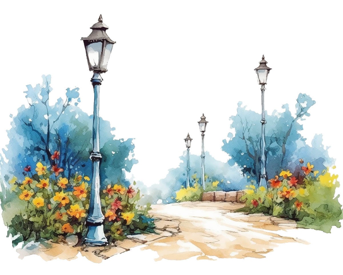 Watercolor Walking Path Lamp Post Clipart Forest Path With Flowers ...