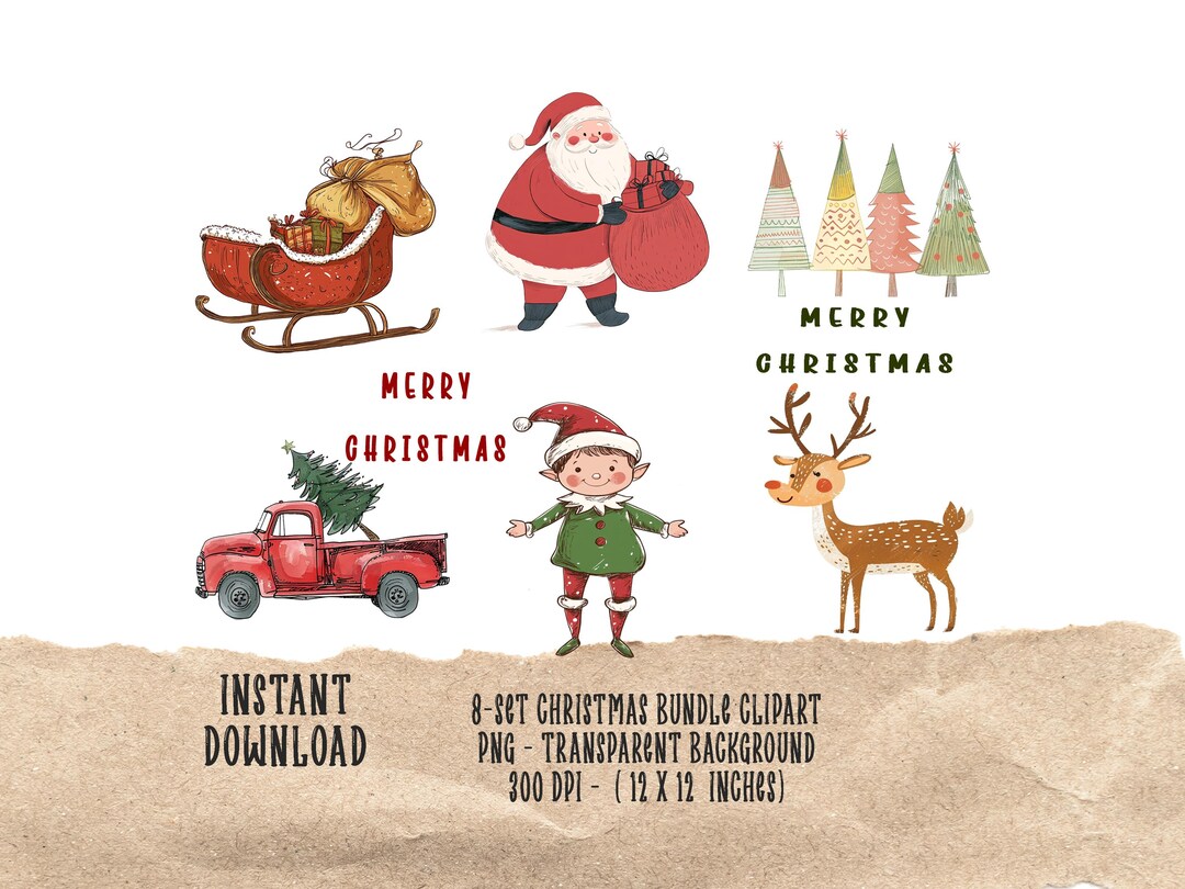 Whimsical Holiday Art Bundle: Santa, Reindeer, Elf & Tree Illustrations ...