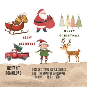 Festive Christmas Clipart Bundle With Santa, Reindeer, Elf, Truck, Tree ...