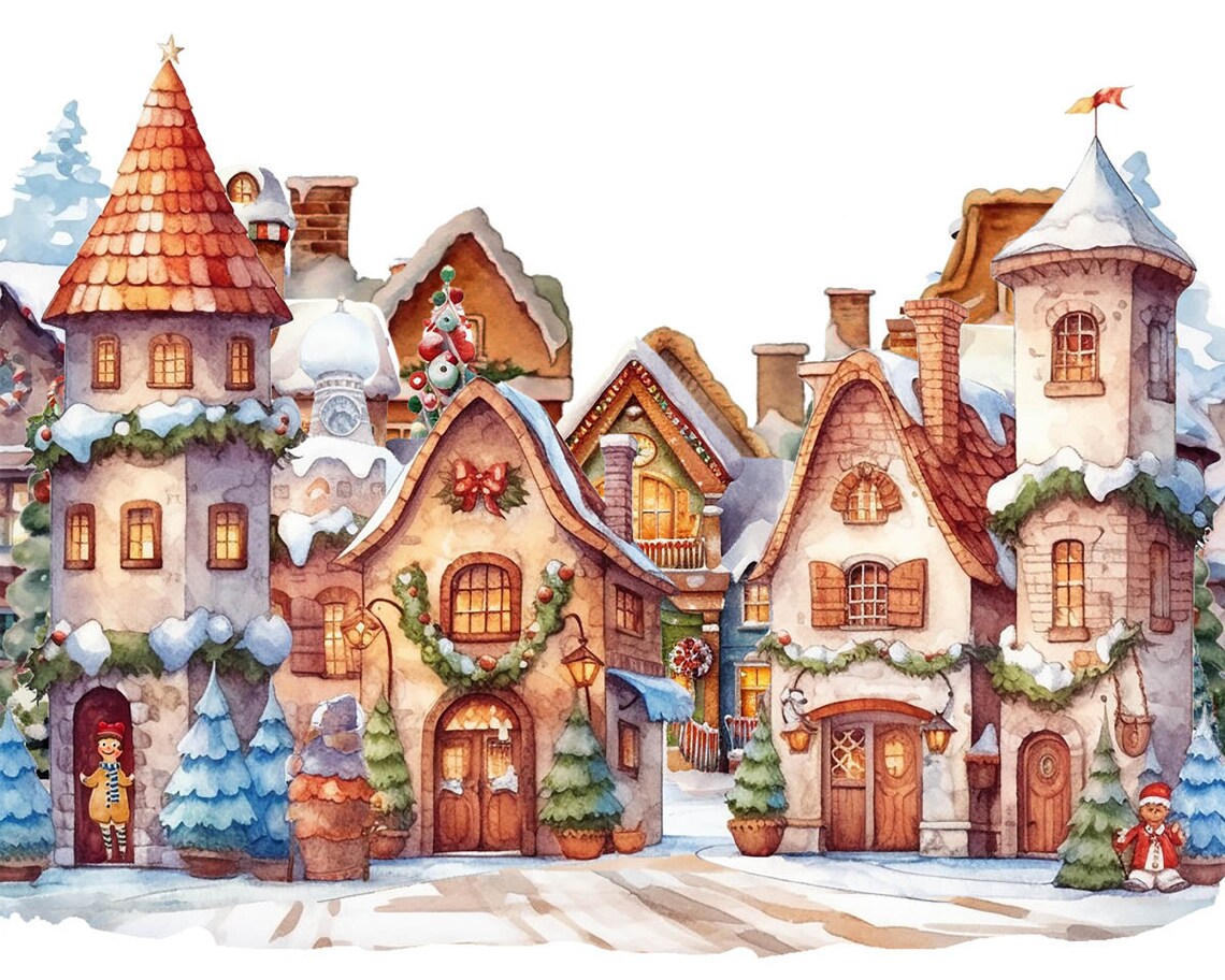 Watercolor Gingerbread Holiday Village - Festive Christmas Scene PNG ...