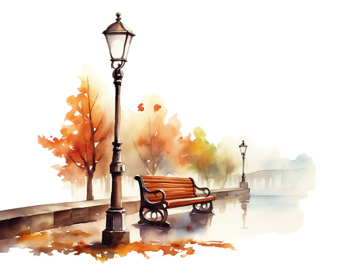 Vintage Watercolor Victorian Lamp Post With Bench Clipart - Fall Scene ...