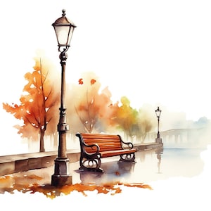 Vintage Watercolor Victorian Lamp Post With Bench Clipart - Fall Scene ...