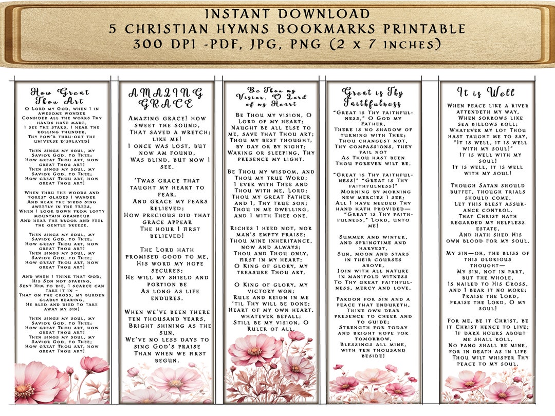 Floral Christian Hymn Bookmarks: Digital Printable Set With Bible ...